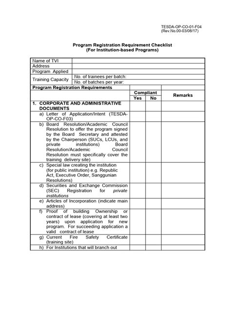 Program Registration Checklist Pdf