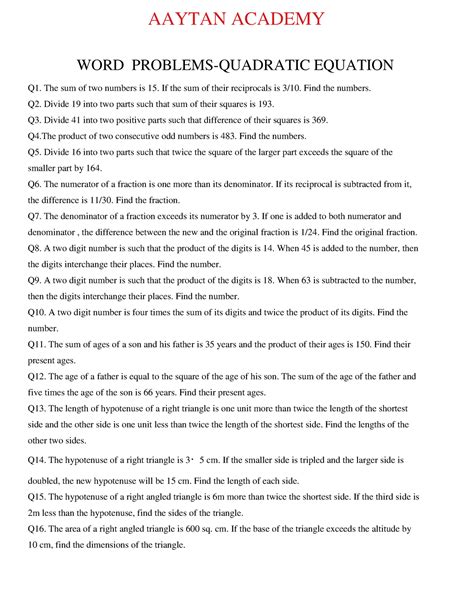 Word Problems Quadratic Equation Word Problems Quadratic Equation Q1