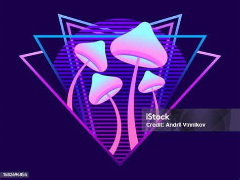 80년대 복고풍 미래 지향적인 스타일로 해질녘에 형광등으로 빛나는 버섯 레이브 파티 그라디언트 생물 발광 버섯 긴 줄기에 환각 성 버섯 생물 발광 곰팡이 벡터 그림 배너