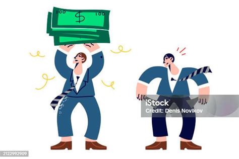 소득 차이 두 명의 회사 직원이 손에 많은 돈을 들고 있거나 빈 주머니를 보여주고 있습니다 개념에 대한 스톡 벡터 아트 및 기타 이미지 Istock