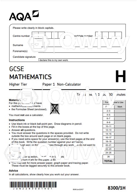 Aqa Gcse Mathematics 83001h Higher Tier Paper 1 Non Calculator