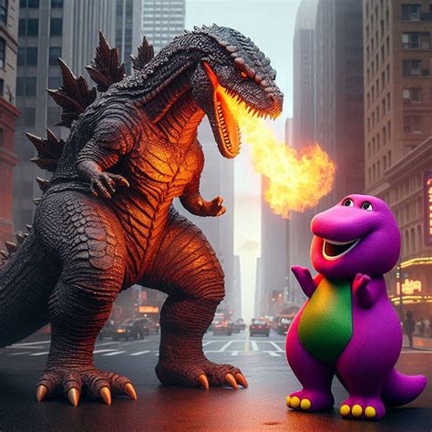Godzilla Breathing Fire On Barney 2 By Pedalpunk 57 On Deviantart