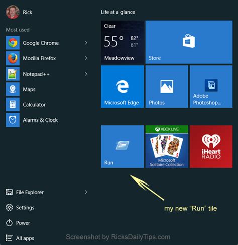 how to add a tile for the run command to the start menu in windows 10