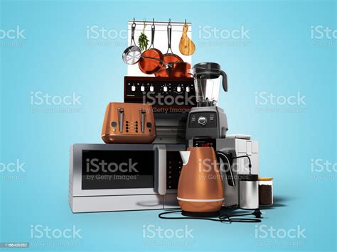 개념 그룹 주방 가전 전자 레인지 커피 기계 믹서기 전기 밥솥 전기 오븐 3d 그림자와 파란색 배경에 렌더링 가정 주방에 대한 스톡 사진 및 기타 이미지 Istock