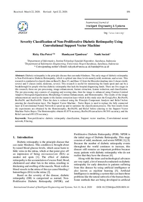 pdf severity classification of non proliferative diabetic retinopathy using convolutional