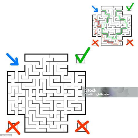 추상 사각형 미로입니다 올바른 경로를 찾으십시오 아이들을위한 게임 아이들을위한 퍼즐 미로 수수께끼 흰색 배경에 격리된 플랫 벡터 그림입니다 대답과 함께 이미지에 대한 장소와