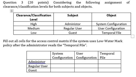 Question 3 20 Points Considering The Following Assignment Of Clearanceclassification Levels