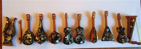 Tiny String Instruments AWESOME In Wood Inlaid Box All With Doves Mother Of Pearl