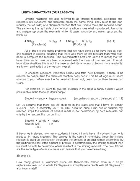 Limiting Reactants Or Reagents Limiting Reactants Or Reagents