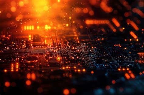 Abstract Representation Of Glowing Circuit Board Technology With Orange Lights And Details Stock