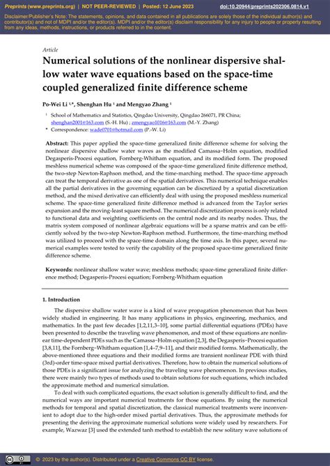 Pdf Numerical Solutions Of The Nonlinear Dispersive Shallow Water
