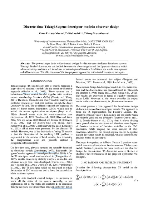 Pdf Discrete Time Takagi Sugeno Descriptor Models Controller Design