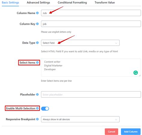 how to configure the data type for online table columns ninja tables