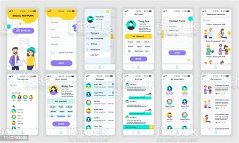 Ui Ux Gui의 집합 모바일 앱을 위한 소셜 네트워크 앱 플랫 디자인 템플릿 소셜 네트워킹에 대한 스톡 벡터 아트 및 기타
