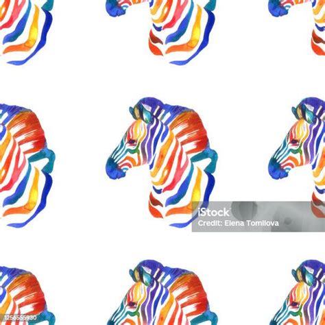 밝은 화려한 얼룩말 머리 수채화 패턴 흰색 배경에 매끄러운 패턴 그래픽 프린트에 대한 스톡 벡터 아트 및 기타 이미지 그래픽