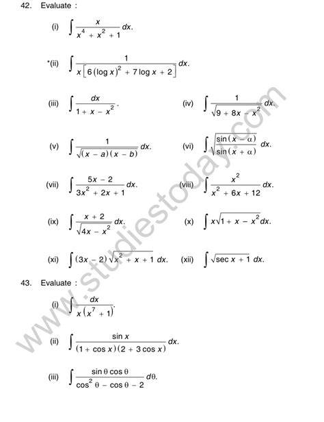 Cbse Class 12 Mathematics Integrals Worksheet Set A