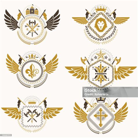날개에 흰색 배경으로 고립 된 엠 하 블 전 령 럼 벡터 기호 크라운 타워 십자가 처럼 문장 요소와 병기를 사용 하 여 만든 빈티지 스타일에서의 컬렉션입니다 검에 대한 스톡