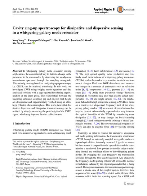 Cavity Ring‑up Spectroscopy For Dissipative And Dispersive Sensing In A Whispering Gallery Mode