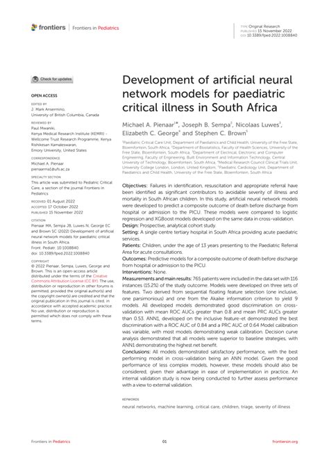 Pdf Development Of Artificial Neural Network Models For Paediatric Critical Illness In South