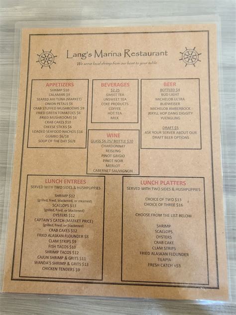 Langs Marina Restaurant Menu Updated 2026