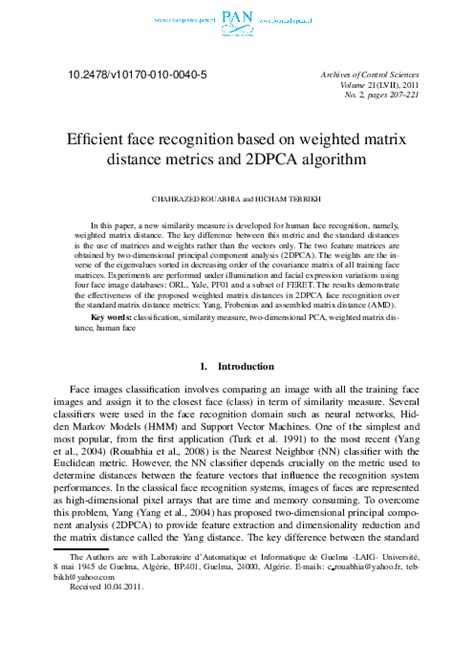 Pdf Efficient Face Recognition Based On Weighted Matrix Distance