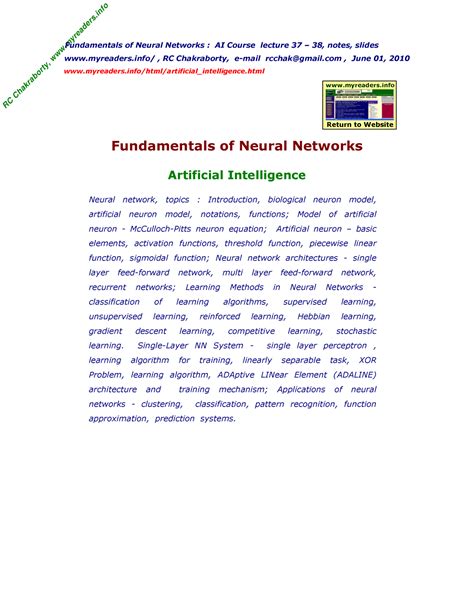 Neural Networks Main RC Chakraborty Myreaders Fundamentals Of Neural Networks AI Course