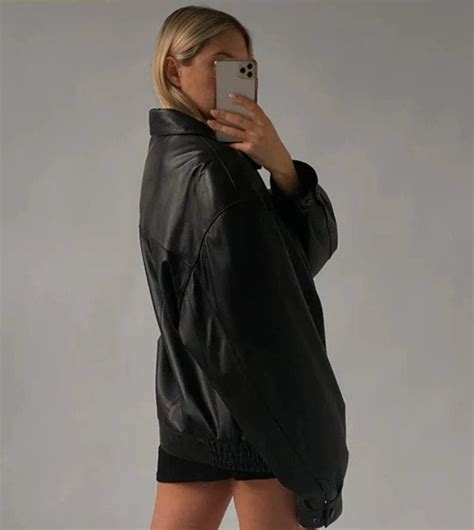 Women Black Straight Fit Leather Bomber Jacket Ladies Sheepskin