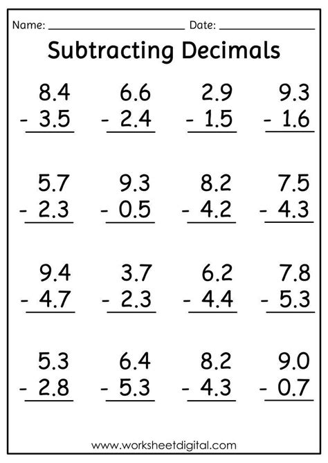 Two Digit Decimal Subtraction Sums Printable Large Font Grade Homebabe Revision