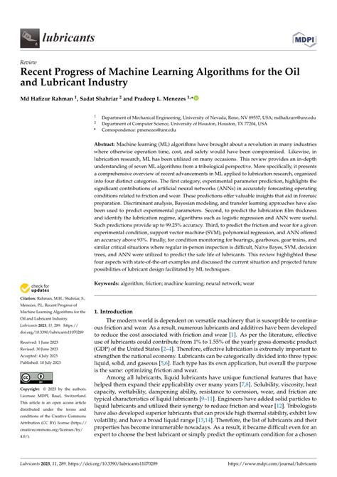 Pdf Recent Progress Of Machine Learning Algorithms For The Oil And Lubricant Industry