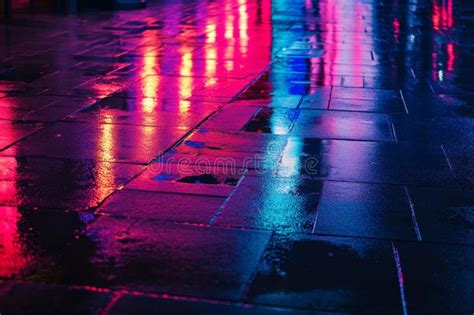 Stunning Reflections Of Vibrant Neon Lights On Wet Urban Pavement