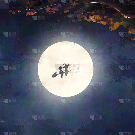 数字艺术绘画套南瓜头男孩和巫婆在秋天的夜晚。素材 花瓣网