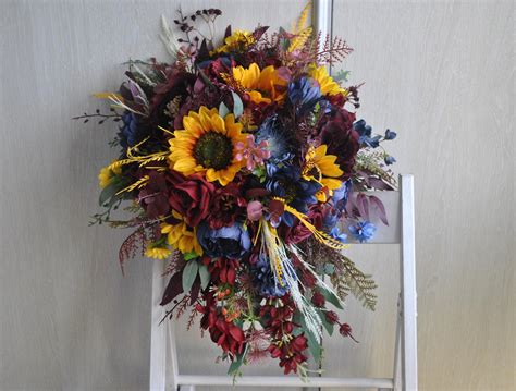 Burgundy Navy Blue Sunflower Bouquet Fall Wedding Bouquet Sunflower