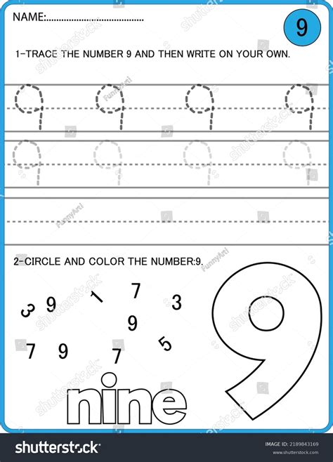 Tracing Numbers Activity Trace Number 9 Stock Vector Royalty Free