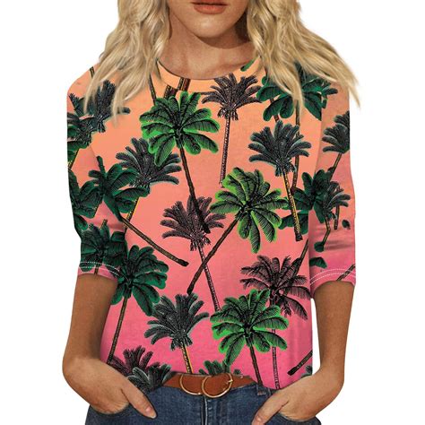 Womens Hawaiian Tops Casual 34 Length Sleeve Crewneck Tropical Shirts