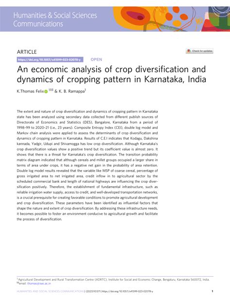 Pdf An Economic Analysis Of Crop Diversification And Dynamics Of Cropping Pattern In Karnataka