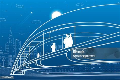 보행자 다리를 걷는 사람들 도시 스카이라인 현대 밤 도시입니다 인프라 그림 도시 장면 파란색 배경에 흰색 선입니다 벡터 디자인 아트 개념에 대한 스톡 벡터 아트 및 기타