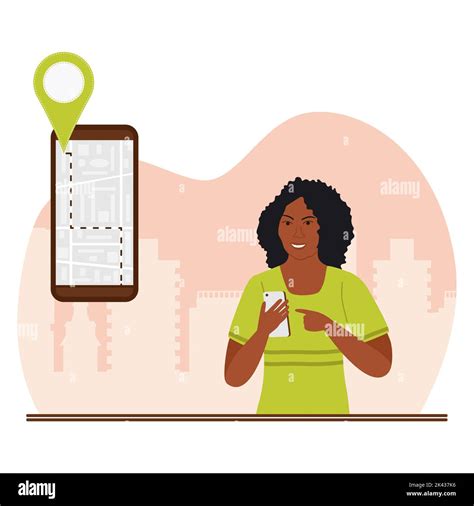 Vector Illustration Woman Using Maps App On Cell Phone Girl Trying To Navigate Terrain Building