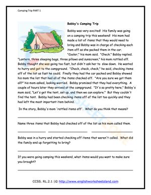 Bobbys Camping Trip Reading Comprehension Worksheet