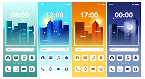 홈 화면 스마트폰 인터페이스 Ui 모바일 홈 페이지 레이아웃 아침 눈 저녁 밤 도시 변경 프리미엄 벡터