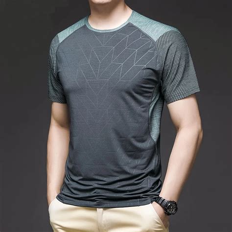남성용 아이스 실크 속건성 티셔츠 컬러 블로킹 라운드 넥 비즈니스 캐주얼 티셔츠 피트니스 스포츠 티셔츠 여름