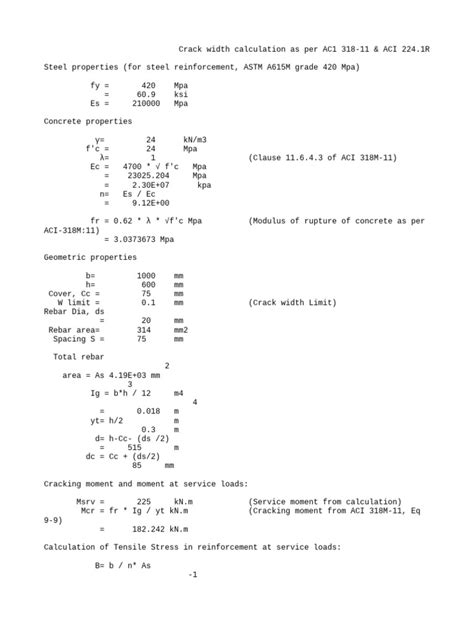 Crack Width As Per Aci 318 Spreadsheet Pdf