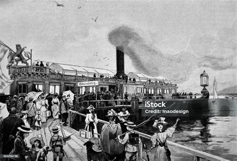 사람들이 여행 1895 증기선 탑승 하 기선에 대한 스톡 벡터 아트 및 기타 이미지 기선 고풍스런 골동품 Istock