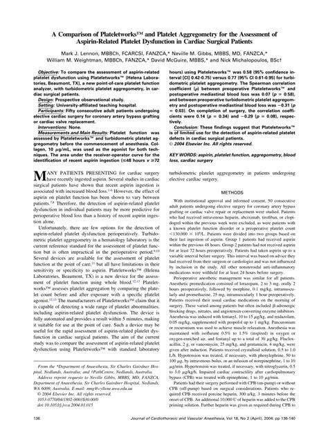 Pdf A Comparison Of Plateletworks™ And Platelet Aggregometry For The Assessment Of Aspirin