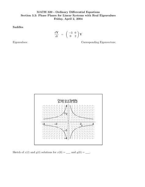 Phase Planes For Linear Systems With Real Eigenvalues Assignment Math 320 Docsity
