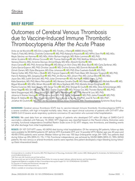 Pdf Outcomes Of Cerebral Venous Thrombosis Due To Vaccine Induced Immune Thrombotic