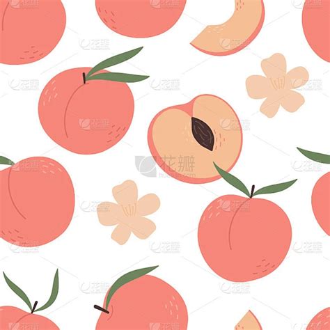 无缝桃纹。cottagecore。桃、油桃、杏、苹果切成半片整形。桃子的背景。素材 花瓣网