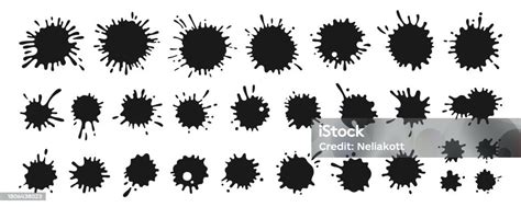 스플래시 잉크 튄 만화 세트 얼룩 페인트 스플랫 액체 드롭 아이콘 진흙 투성이 검은 모양 플랫 벡터 개체 그룹에 대한 스톡 벡터