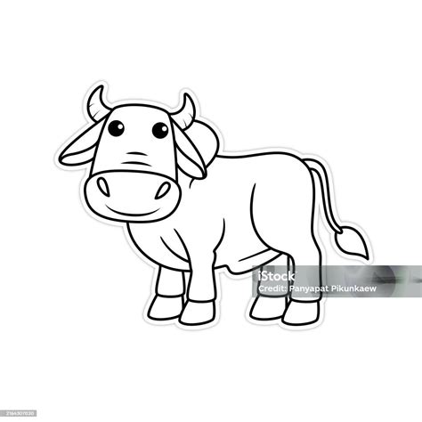 황소가 웃고 서 있는 벡터 일러스트 레이 션 만화 일러스트 흑백 그림 아이들이 그림에 따라 색칠하는 법을 배울 수 있습니다 0명에 대한 스톡 벡터 아트 및 기타 이미지
