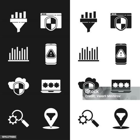 Set Mobile With Exclamation Mark Pie Chart Infographic Sales Funnel Browser Shield Cloud And