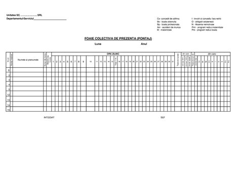 Model Pontaj Foaie Prezenta Co Concedii De Odihna I Invoiri Si Concediu Fara Retrib Bo